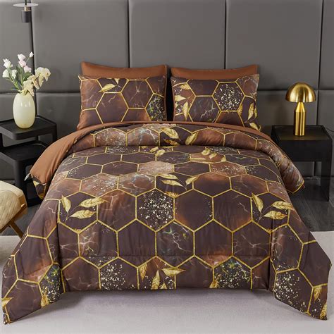 Angiyuin 7 Pieces Taupe Gold Comforter Set Geometric Bed In A Bag Full