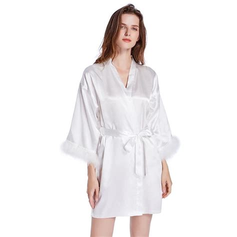 Sexy Feather Bathrobes Satin Sexy Mini Dress Casual Peignoirs For Women