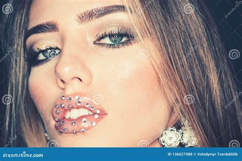 Fashion Model With Trendy Look Girl With Lips Makeup Beauty On Party