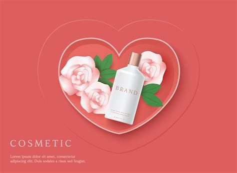 하트 모양 선물 상자가 있는 분홍색 배경의 화장품 및 스킨 케어 제품 광고 템플릿 프리미엄 벡터