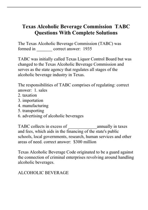 Texas Alcoholic Beverage Commission Tabc Questions With Complete Solutions Tabc Stuvia Uk