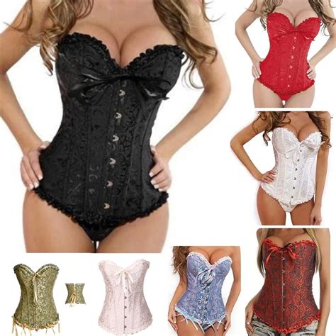 Sexy Corselet Women Plus Size Satin Overbust Embroidered Corset Bustier Top With G String Set