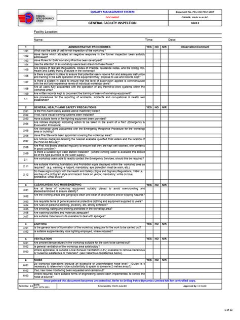 General Workplace Inspection Pdf Personal Protective Equipment