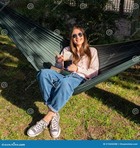 Cute Girl Sit In A Hammock On Nature Takeaway Food Takeaway Paper Box