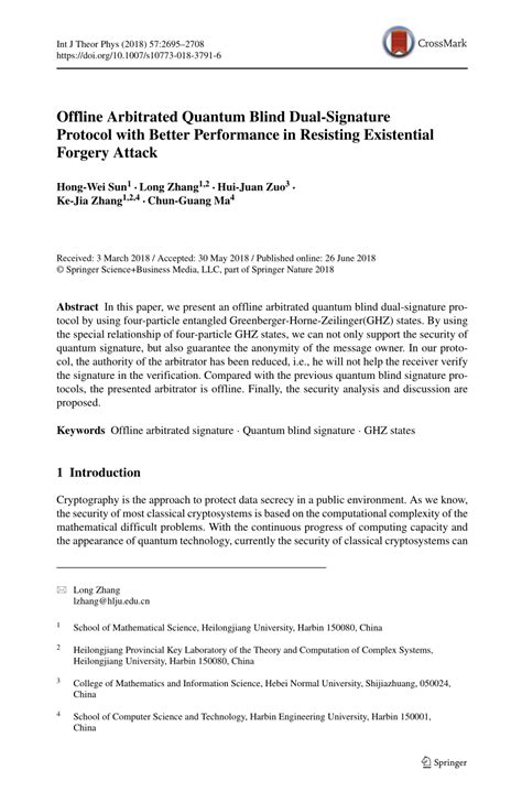 Pdf Offline Arbitrated Quantum Blind Dual Signature Protocol With