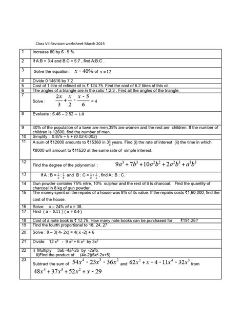 Vii Std Icse Maths Worksheet 2 Pdf Area Circle