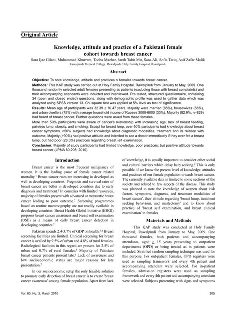 Knowledge Attitude And Practice Of A Pakistani Female Cohort Towards