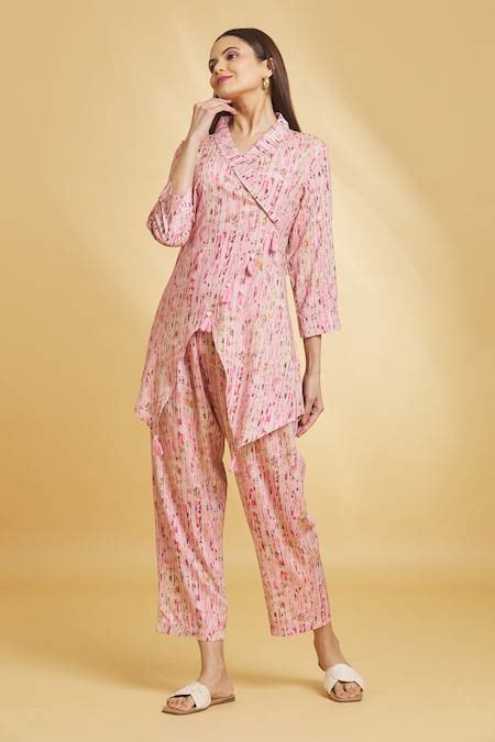 Buy Pink Muslin Silk Printed Axal Asymmetric Tunic And Palazzo Set For