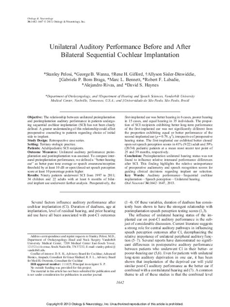 Pdf Unilateral Auditory Performance Before And After Bilateral