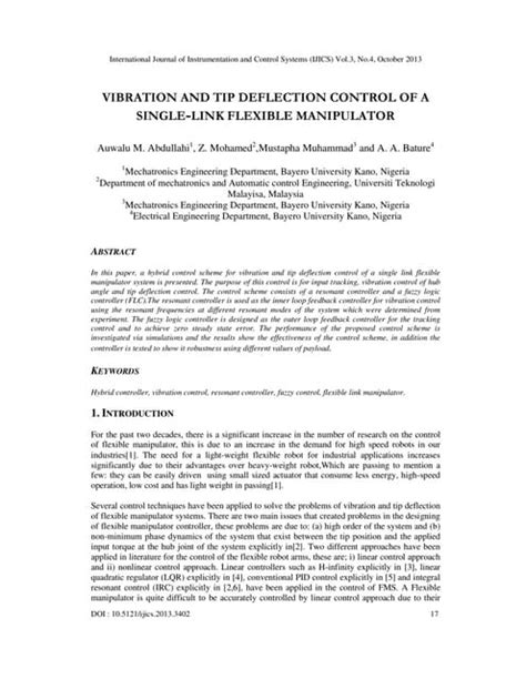 Vibration And Tip Deflection Control Of A Single Link Flexible Manipulator Pdf Radio Control