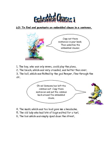 embedded clauses worksheet for 5th 8th grade lesson planet