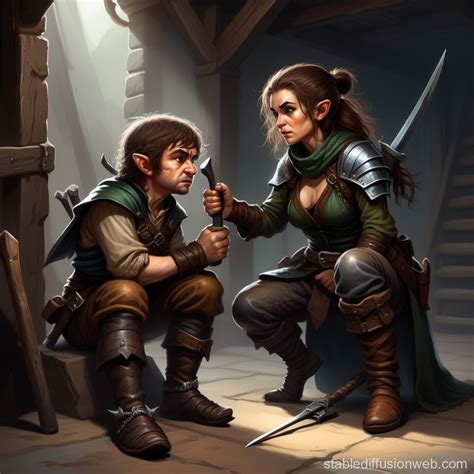 Female Rogue Interrogates Bandit In Fantasy Setting Stable Diffusion