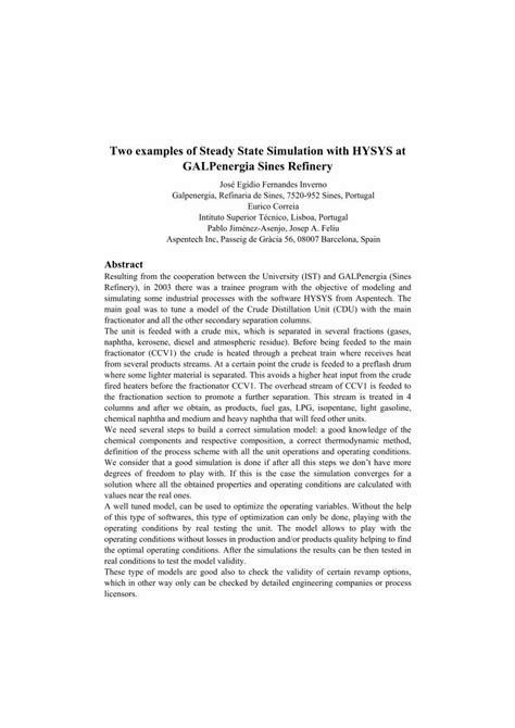 Pdf Two Examples Of Steady State Simulation With Hysys At · Simulating Some Industrial