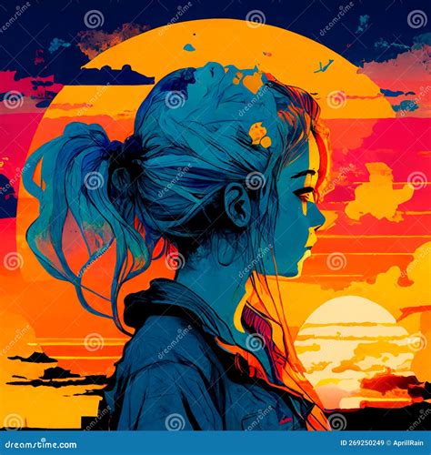 Cute Anime Girl Watching The Sunset Stock Illustration Illustration