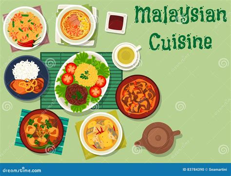 Malaysian Cuisine Icon With Meat Seafood Dishes Stock Vector
