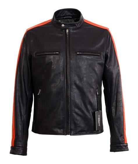 Mens Black Racer Real Leather Jacket White And Red Stripes On Sleeves