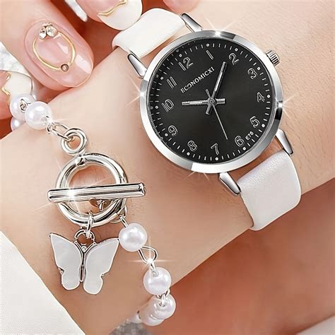 1 2 Бр компл Дамски Моден Каишка От Pu Кожа С Малък Циферблат Кварцов Ръчен Часовник И