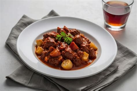 Savory Beef Stew On A White Plate Premium Ai Generated Image