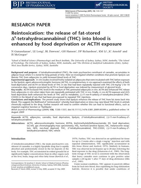 Reintoxication The Release Of Fat Stored 9 Tetrahydrocannabinol Thc
