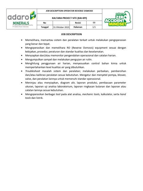 Job Description Reverse Osmosis Operator Pdf