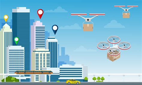 골판지 상자가 있는 배달 드론이 마을 위로 날아다오게 됩니다 고객에게 패키지를 운반하는 쿼드 콥터 기술 선적 혁신 드론 배달 서비스 높은 곳에 대한 스톡 벡터 아트 및 기타