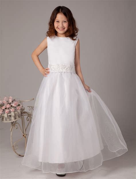 White Sleeveless Sash Lace Beading Satin Organza Flower Girl Dress