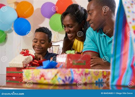 Birthday Party At Home With Black Mom Dad Son Celebrating Stock Image