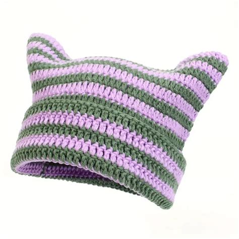 1pc Ear Flap Hat Women Winter Cat Ears Hats Soft Slouchy Striped