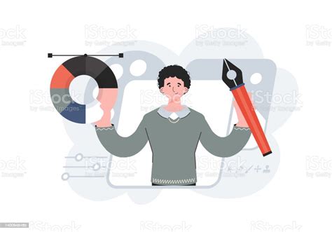 한 남자가 컬러 휠과 펜 도구로 허리 깊숙이 서 있습니다 창작 프리젠 테이션 사이트를위한 요소 공예에 대한 스톡 벡터 아트 및 기타 이미지 Istock