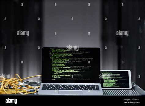 Minimal Background Image Of Laptop Computer With Green Code Lines On