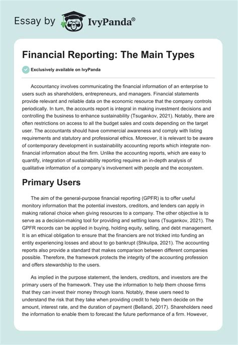 Financial Reporting The Main Types 1176 Words Essay Example