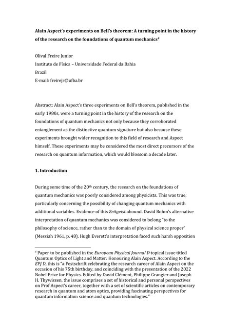 Pdf Alain Aspects Experiments On Bells Theorem A Turning Point In