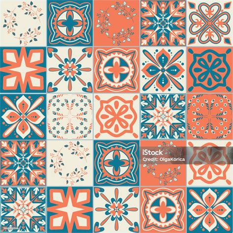 세라믹 타일 디자인 오렌지 블루 대비 색상 사각형 세라믹 타일 벡터 일러스트 레이 션 0명에 대한 스톡 벡터 아트 및 기타 이미지 0명 그래픽 프린트 그릇 Istock