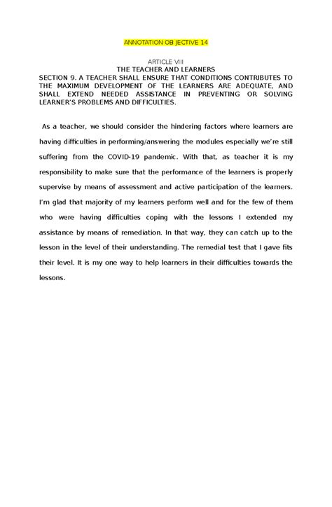 Annotation Objective 14 Annotation Ob Jective 14 Article Viii The Teacher And Learners Section