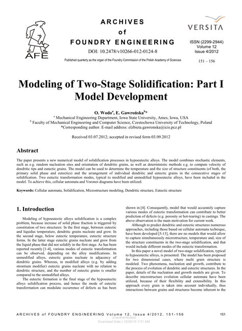 PDF Modeling Of Two Stage Solidification Part I Model Development