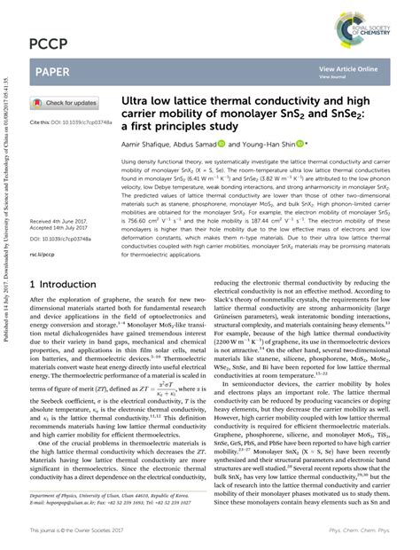 Pdf Ultra Low Lattice Thermal Conductivity And High Carrier Mobility