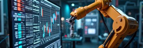 Robotic Arm Analyzing Data On Computer Screen In High Tech Lab Stock