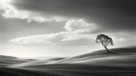 Serenity In Monochrome Captivating Lone Tree Landscape Photography Stock Illustration