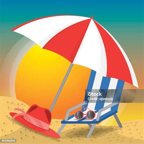 여름 우산 태양 안경의 자 아름 다운 화창한 해변 모래 위에 모자 개념에 대한 스톡 벡터 아트 및 기타 이미지 개념 계절 관광 Istock