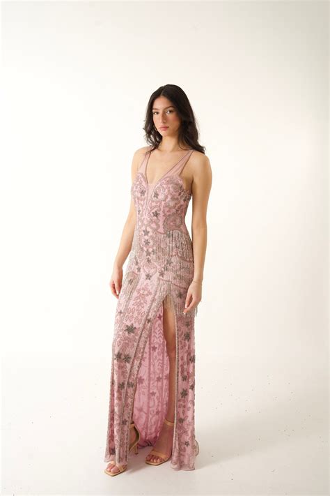 Blush Pink Prom Dress Pink Fringe Dress Celestial Prom Dress Sparkle