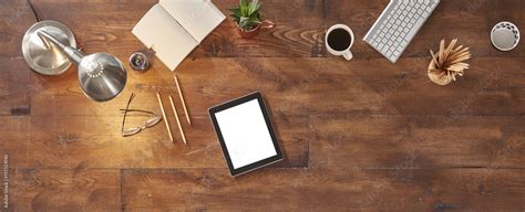 Modern Office Table With Objects And Banner Style Old Wood Table