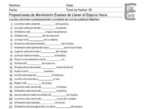 Movement Prepositions Spanish Fill In The Blanks Exam Teaching Resources