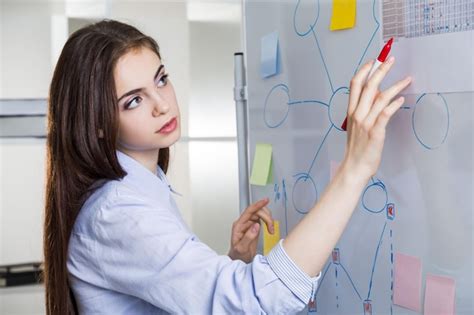 Mulher Desenhando Gráficos No Quadro Branco Foto Premium