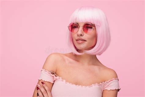 Stylish Woman Pink Outfit Sunglasses Against Matching Background Stock