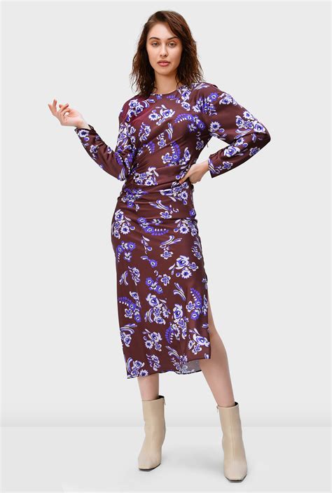 Shop Ruched Floral Print Satin Vented Sheath Dress Eshakti