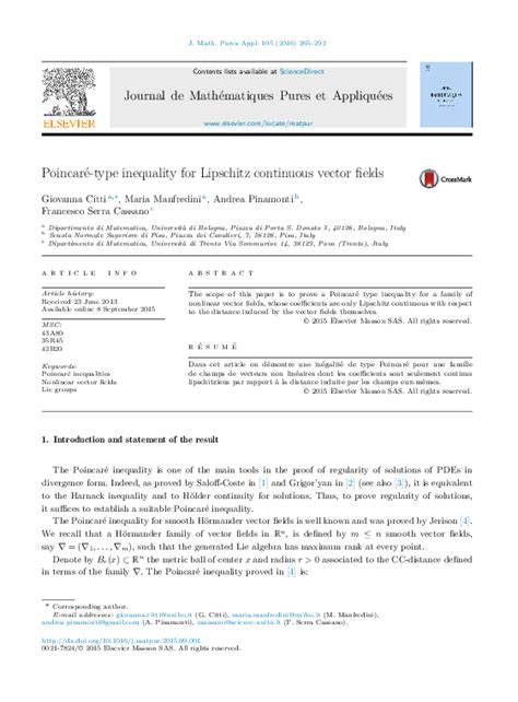 Pdf Poincaré Type Inequality For Lipschitz Continuous Vector Fields