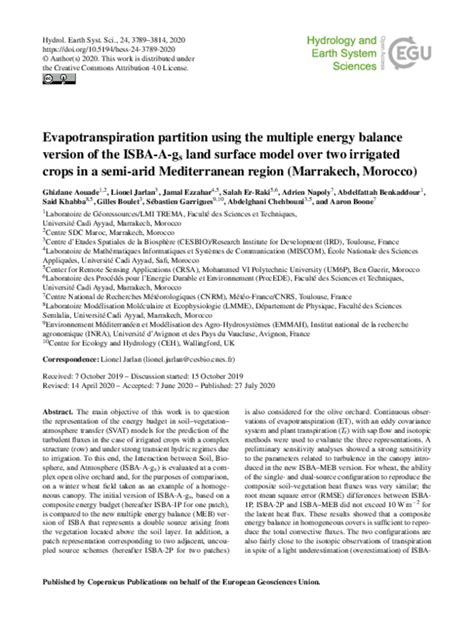 Pdf Evapotranspiration Partition Using The Multiple Energy Balance Version Of The Isba A G S