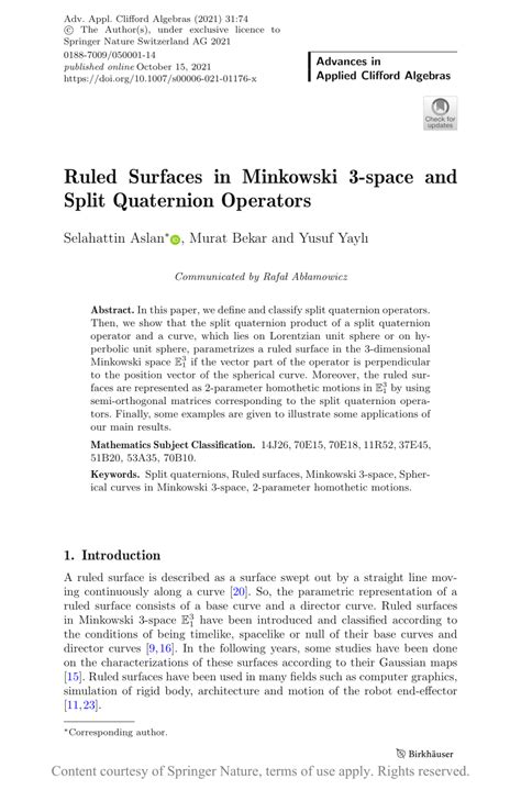 Ruled Surfaces In Minkowski 3 Space And Split Quaternion Operators Request Pdf
