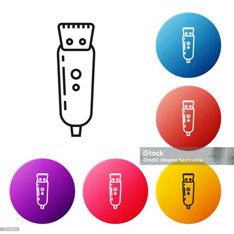 흰색 배경에 격리 된 검은 선 전기 헤어 클리퍼 또는 면도기 아이콘입니다 이발소 기호입니다 아이콘 다채로운 원 버튼을 설정합니다 벡터 일러스트레이션 0명에 대한 스톡 벡터