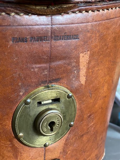 Leather Hat Box With Brass Fasteners Circa 1900 Bandbox Brown For